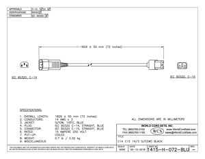 6FT C15 C14 15A 250V 14/3 SJT BLUE Power Cord